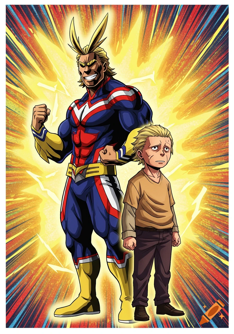 Anime illustration of All Might in his muscular powered-up form flexing ...