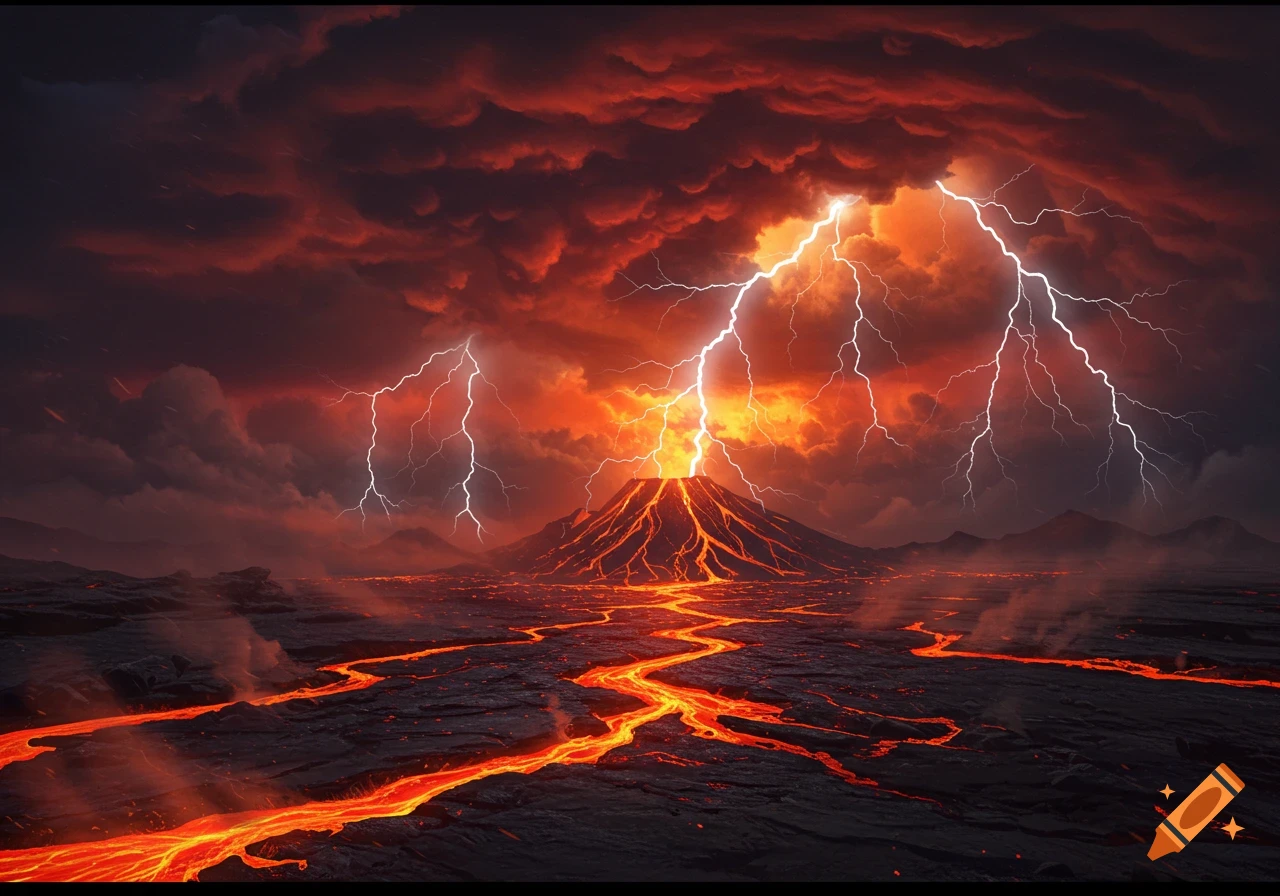 A dramatic scene of a volcano erupting with lava flowing across a dark ...