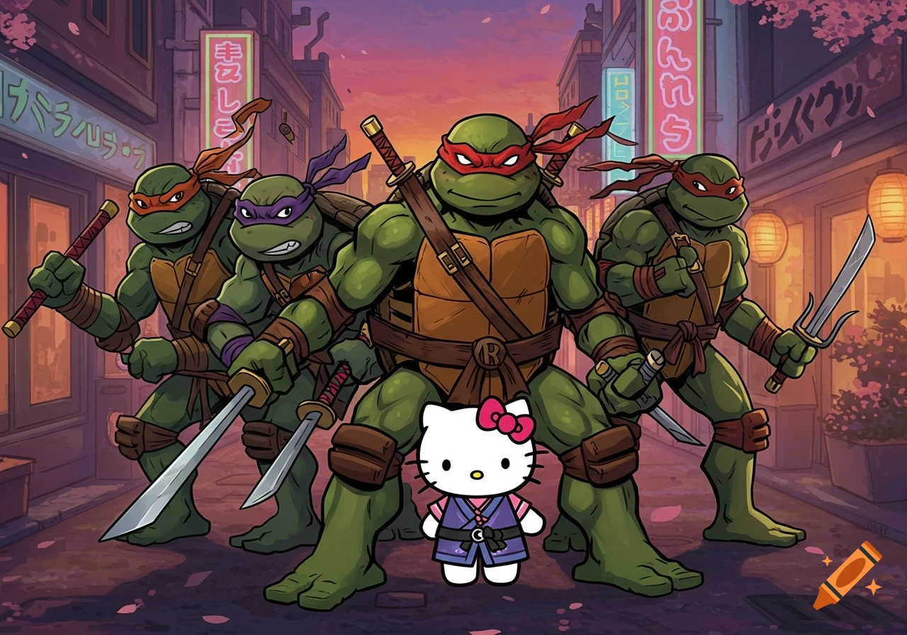 Hello Kitty and Leonardo (TMNT) stand in a neon cyberpunk city with a ...