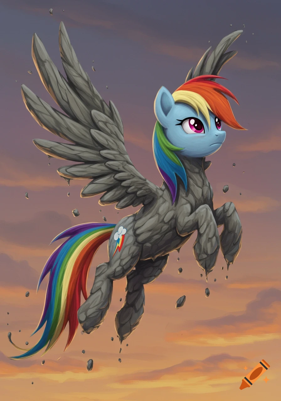 A grey, stone-like Rainbow Dash with a vibrant rainbow mane and tail, floats against an orange ...