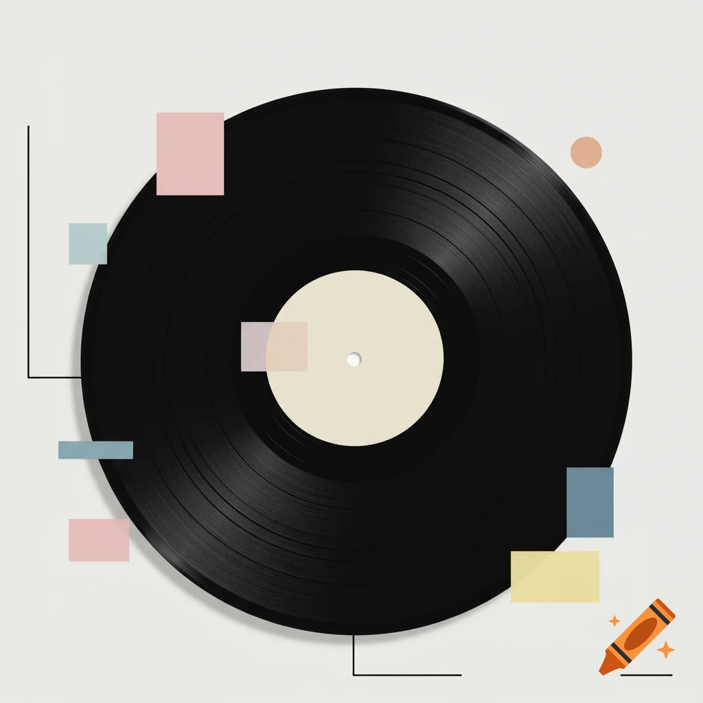 A black vinyl record with a blank cream label surrounded by pastel ...