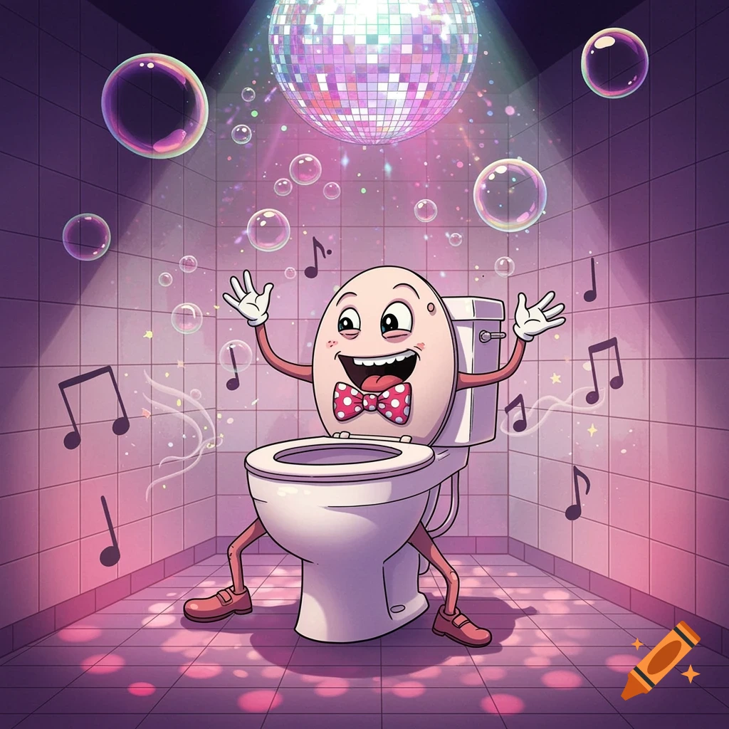 A cartoon toilet with arms and legs dances under a disco ball in a dark ...