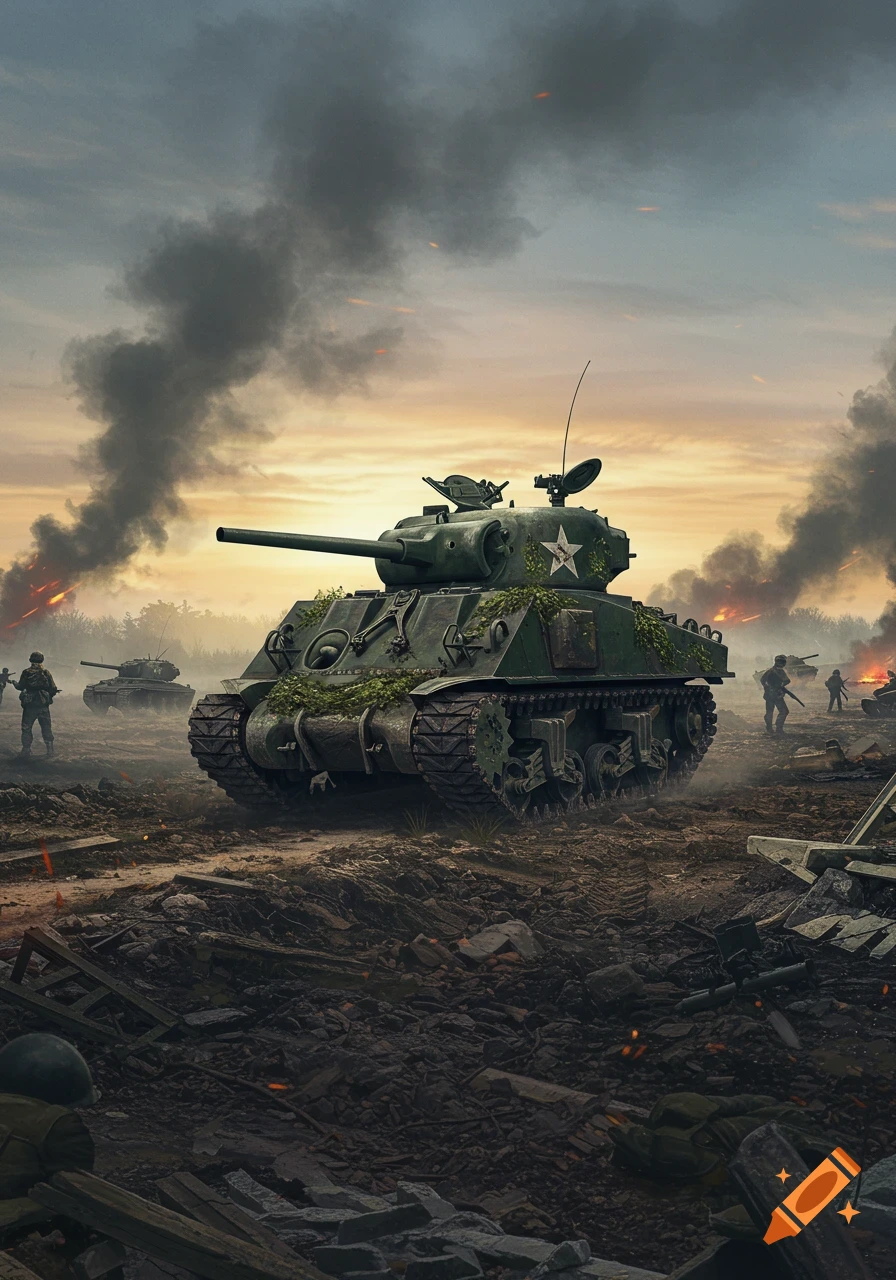 A dark, steampunk M4 Sherman tank with brass accents and steam on a ...