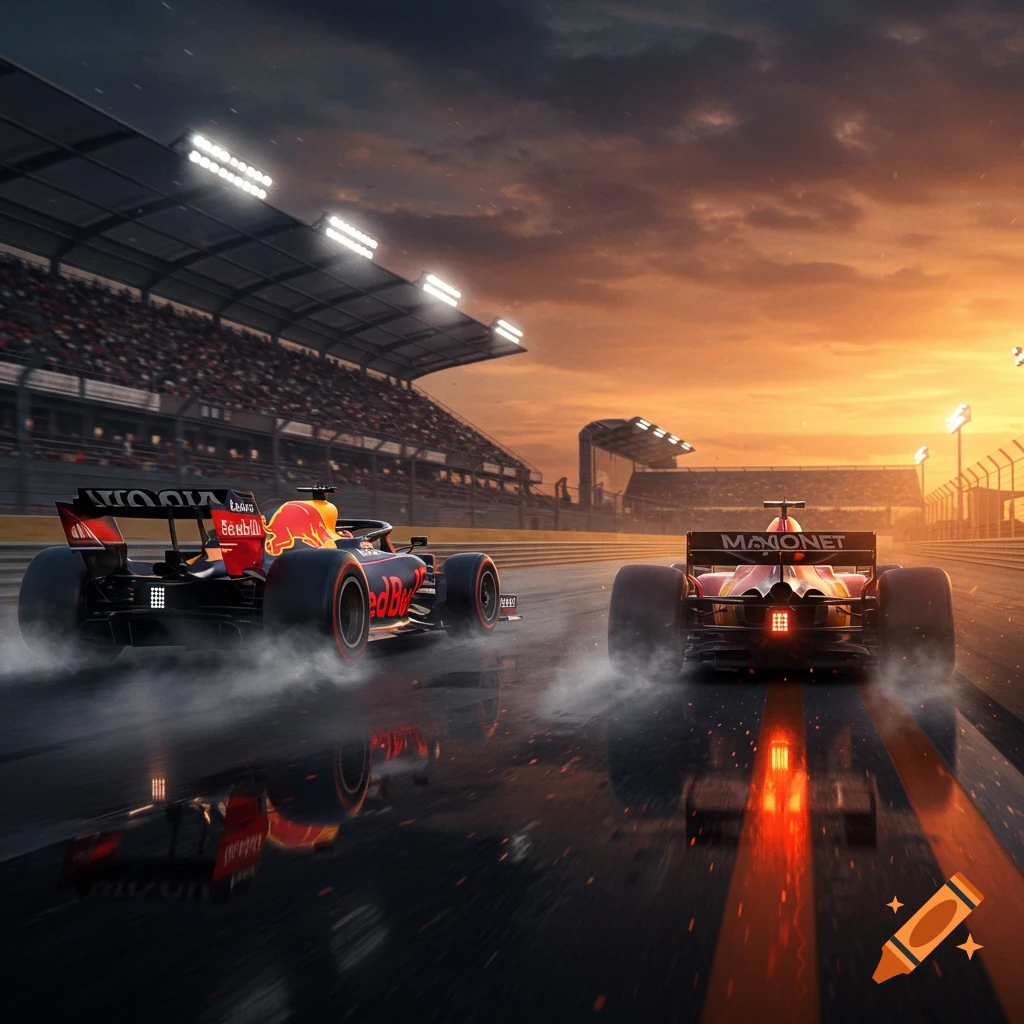 Two Formula 1 race cars speed down a wet track with spray, leading ...