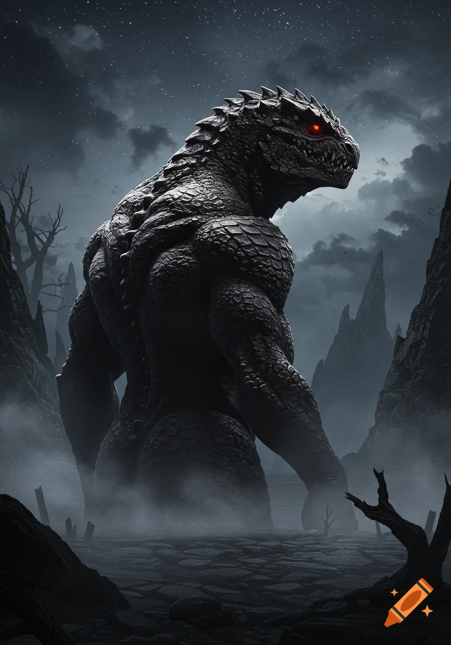 A massive, muscular, gray bipedal monster with a wide-open mouth, sharp ...