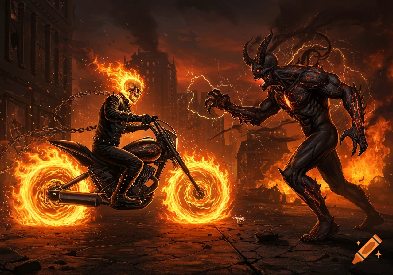 A stylized comic art illustration of Ghost Rider on a flaming ...