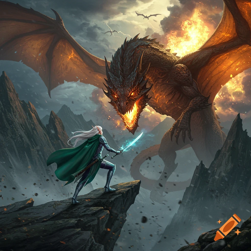 An elf with a glowing sword battles a large, fiery dragon on a rocky ...