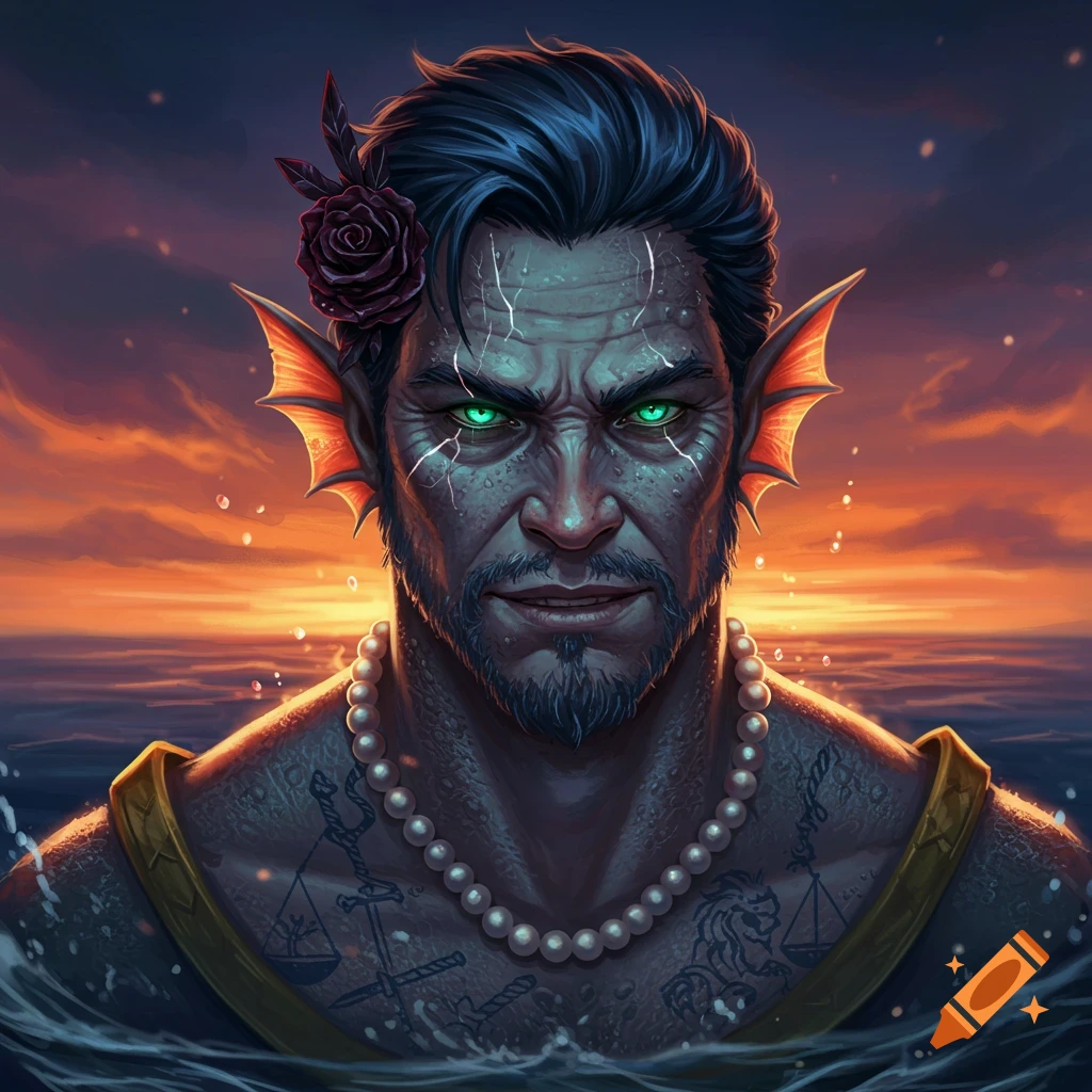 A close-up fantasy portrait of a masculine merman with green eyes, fin ...