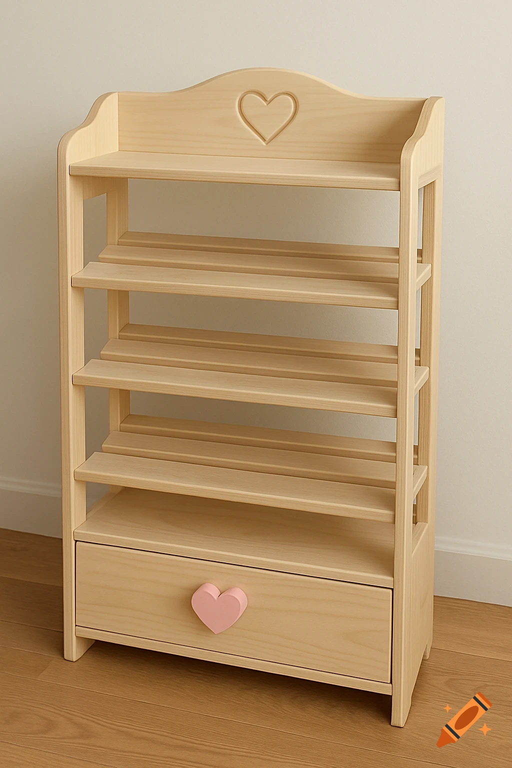 A light wooden shoe rack with four slatted shelves and a bottom drawer ...