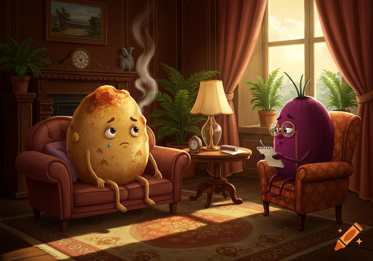 A crying, fried potato sits on a red sofa, releasing steam. An onion ...