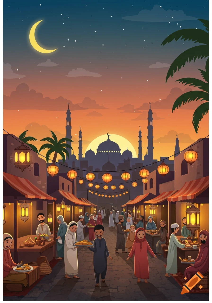 A crowded marketplace in ancient Mecca, with the Kaaba visible in the ...