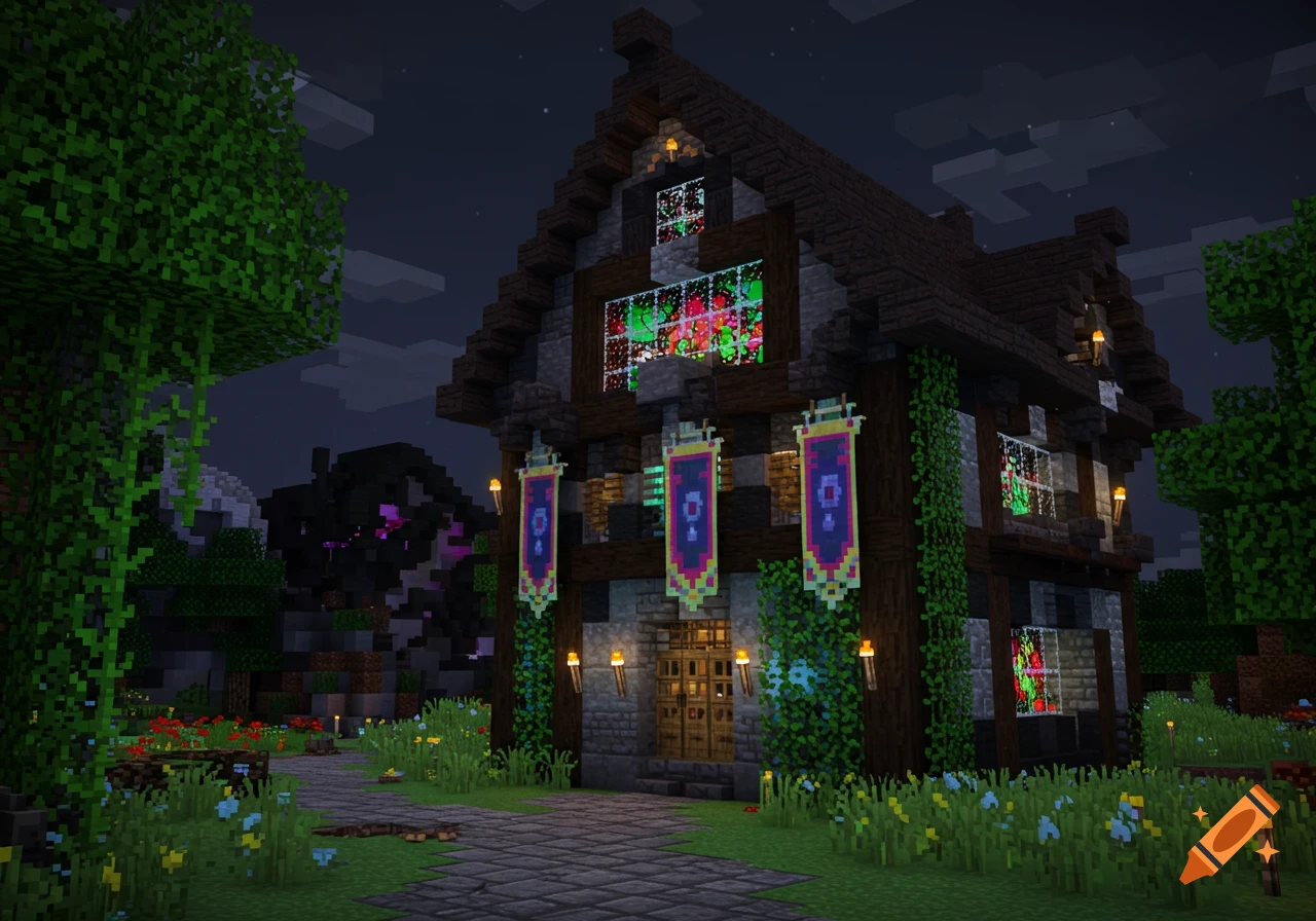 A Minecraft-style wooden shop with a glowing neon_shop sign at dusk ...