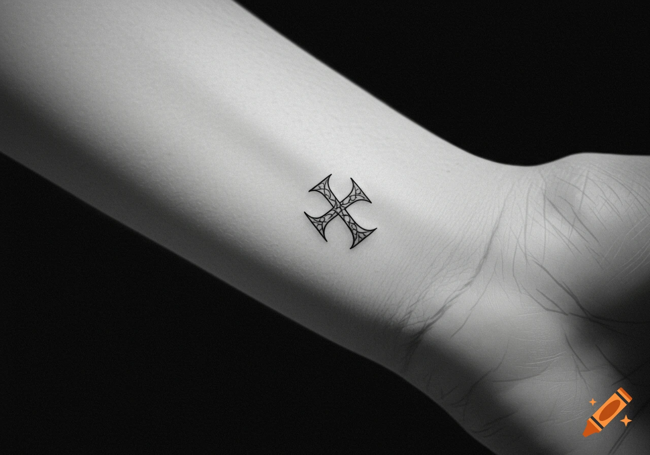 A small stylized Chi-Rho symbol tattoo on a person's wrist in a black ...