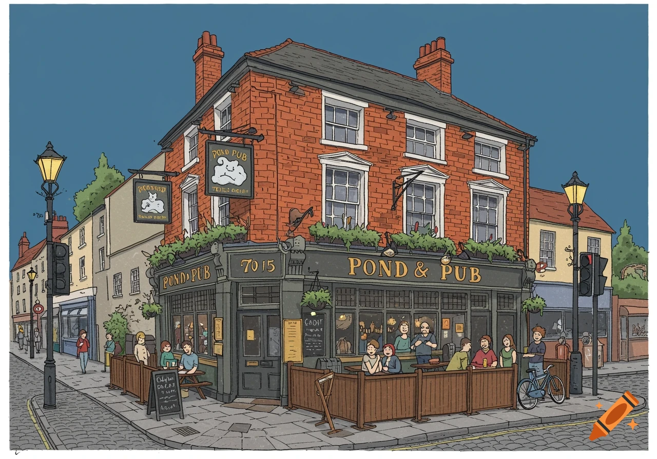 A hand-drawn illustration of a brick pub with outdoor seating on a cobblestone street corner ...