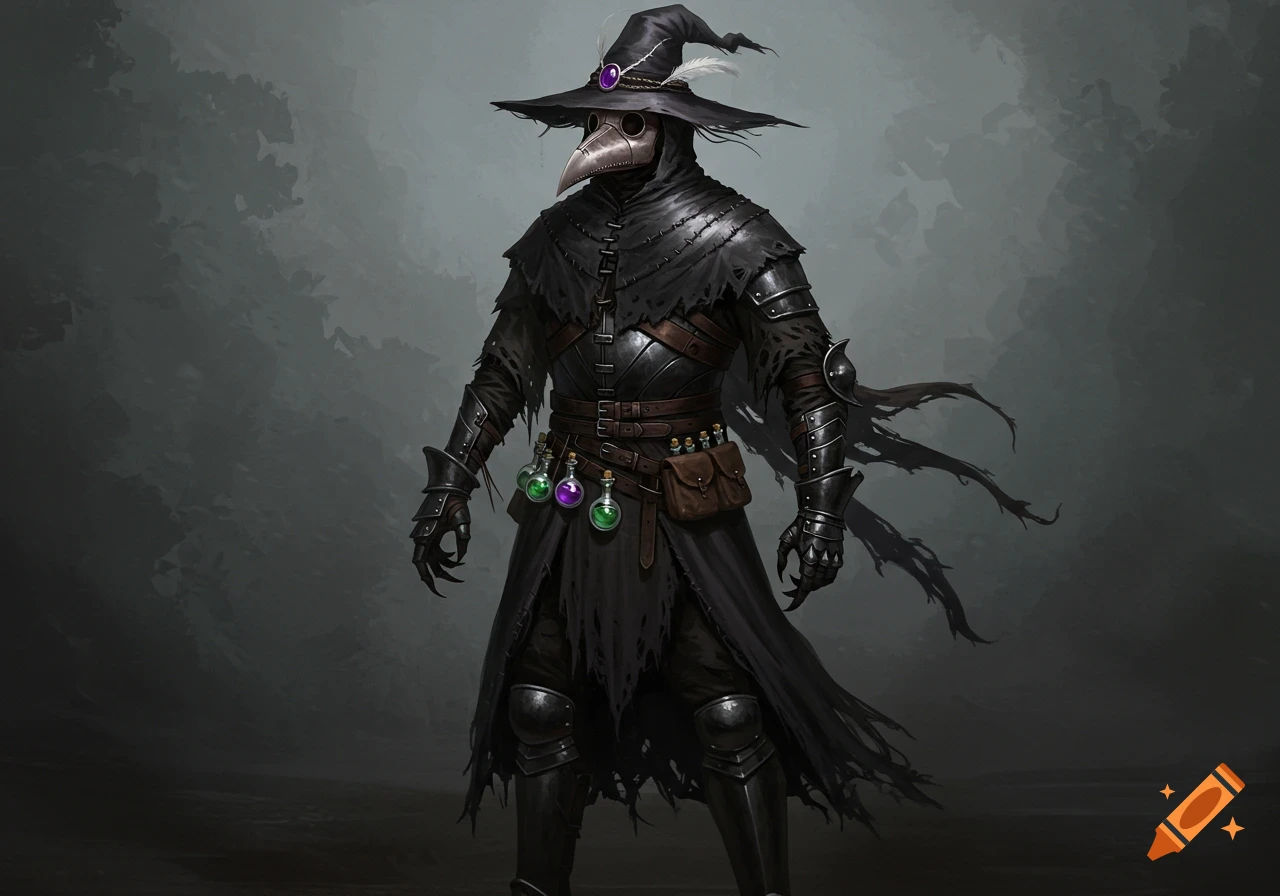 A dark fantasy plague doctor character in a tattered black robe ...