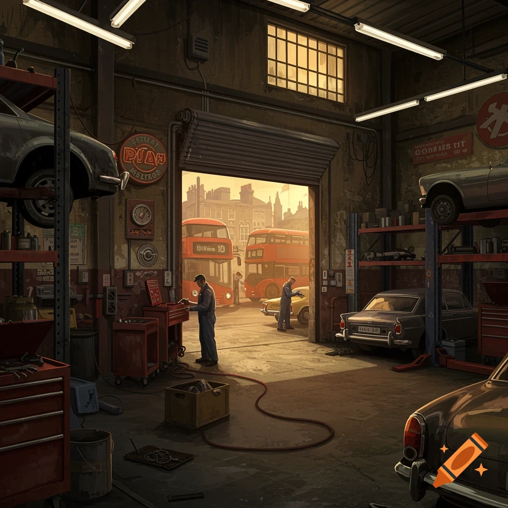 An old, rusty red forklift in a warehouse with stacked wooden crates ...