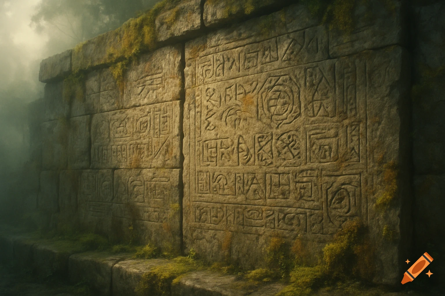 An ancient stone wall covered in intricate, weathered symbols and moss ...