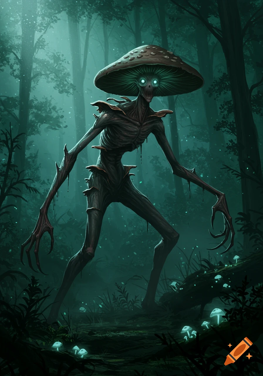 A woman in a dark, glowing forest removing an ornate bunny mask with glowing red eyes. on Craiyon