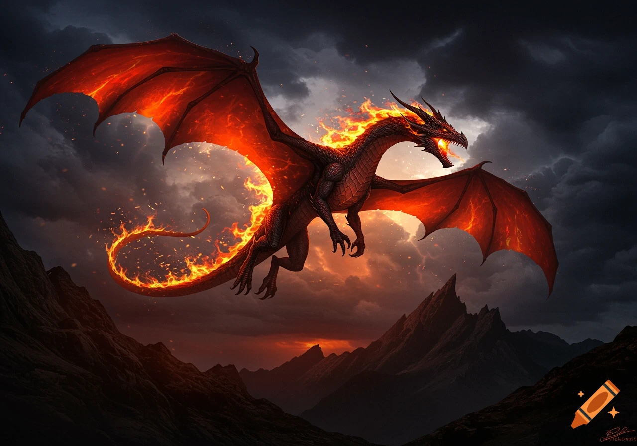 A majestic fire dragon with glowing red wings and fiery mane and tail ...