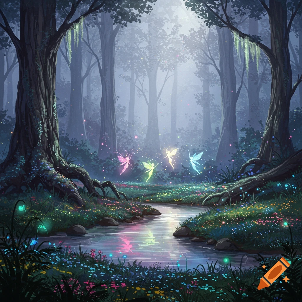 A green-winged fantastical creature flies through an enchanted forest with glowing mushrooms and ...