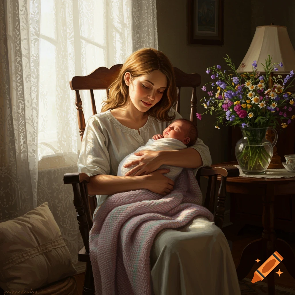 A smiling mother holds her sleeping baby in a sunlit armchair ...