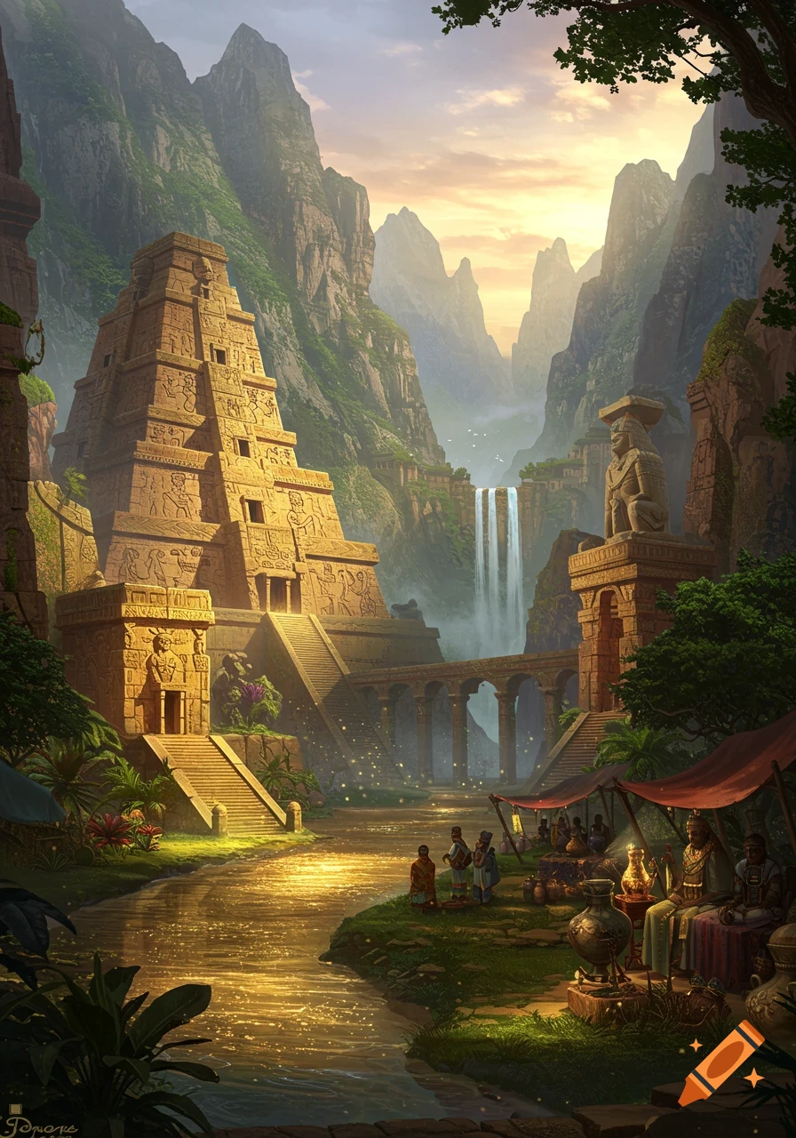 A vibrant ancient civilization with pyramid temples, towering mountains ...