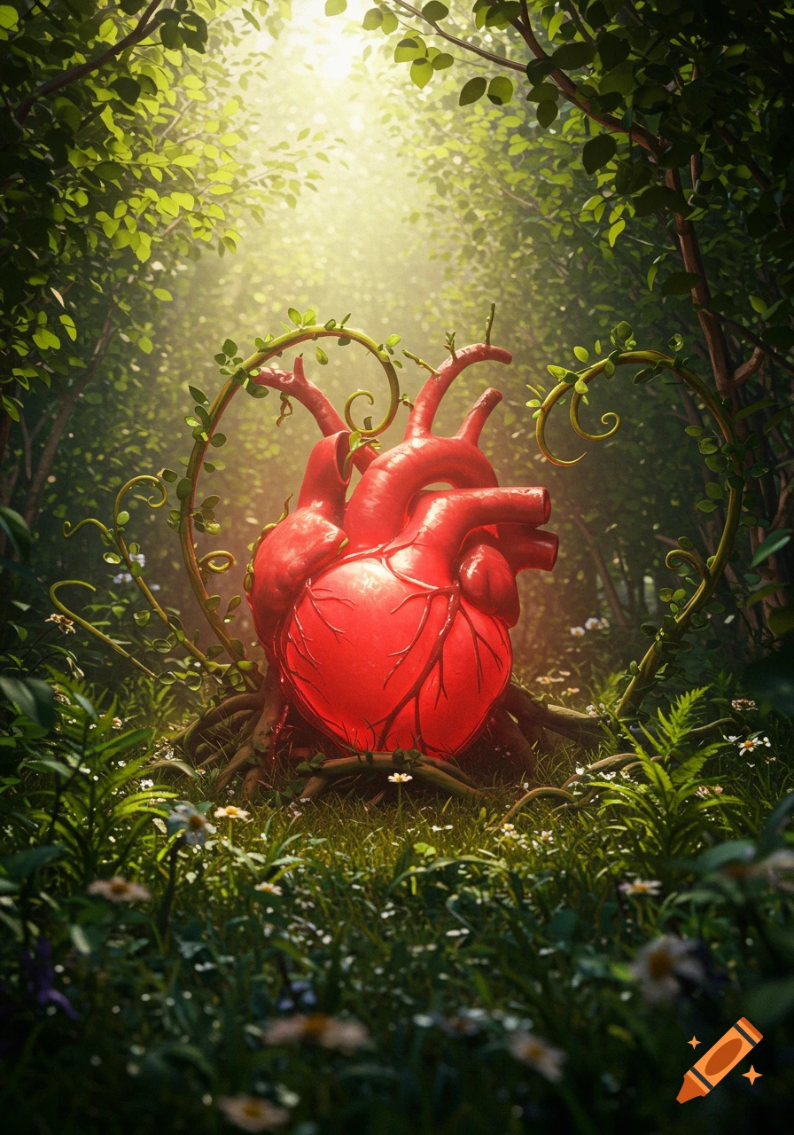 A glowing red anatomical heart sits on the forest floor, surrounded by ...
