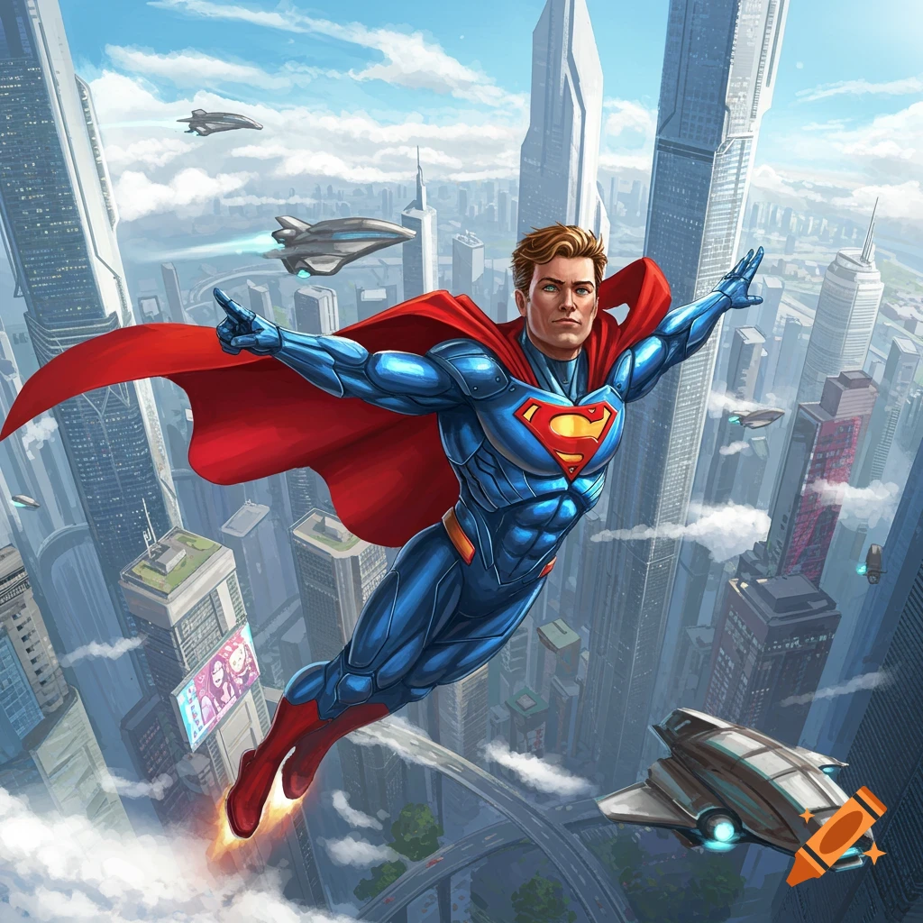 A superhero in a red and gold suit with large red wings flies high ...