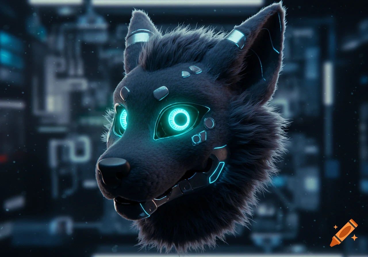 Stylized wolf of white lines with neon blue glow, surrounded by ...