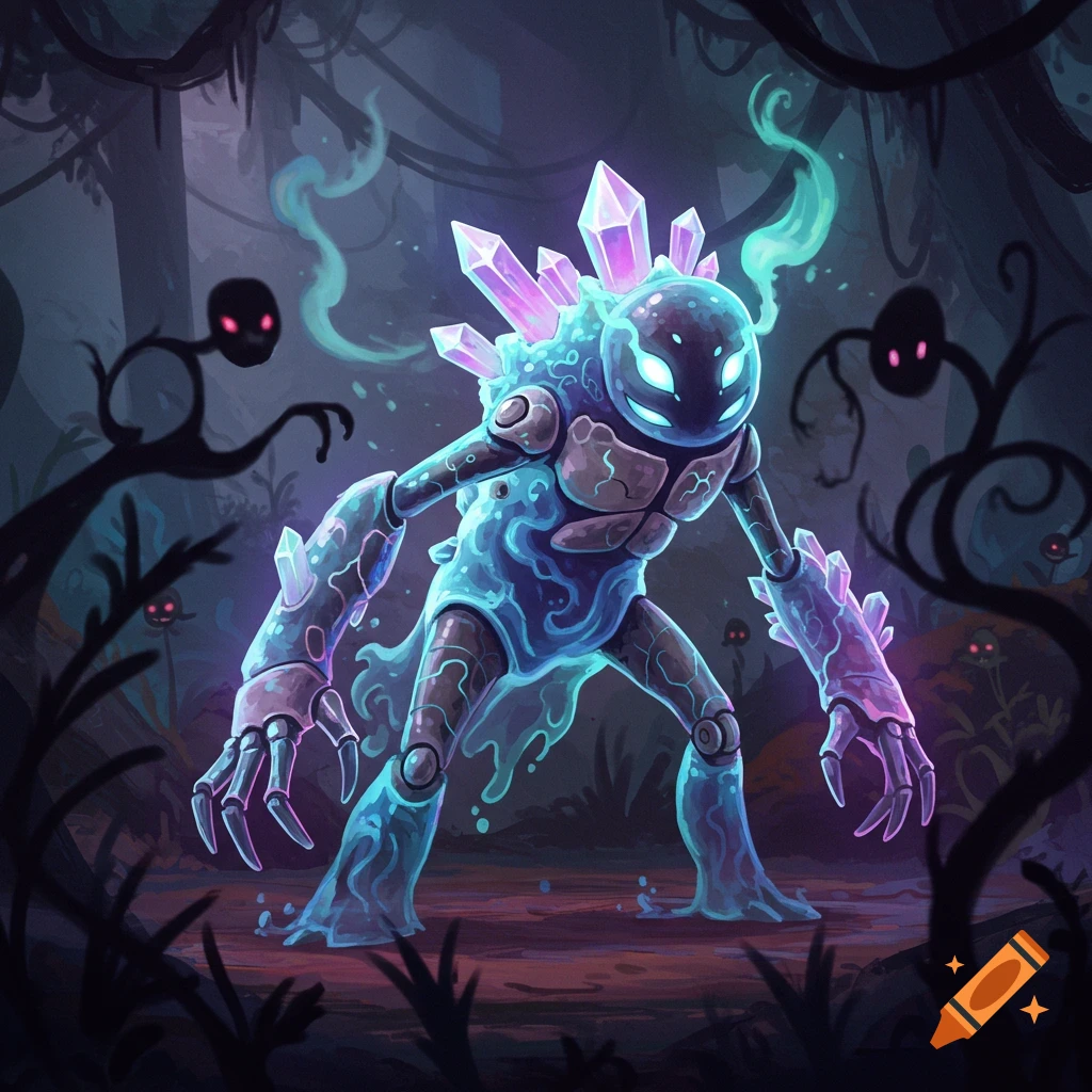 A glowing blue and purple crystal monster with mechanical parts stands ...