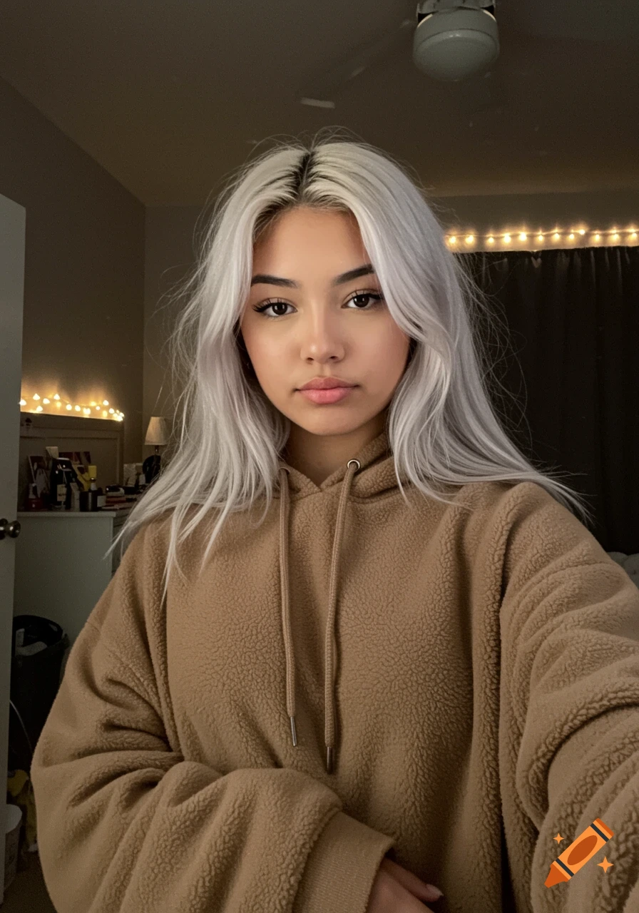 A young woman with long, light blonde hair and dark roots, wearing an ...
