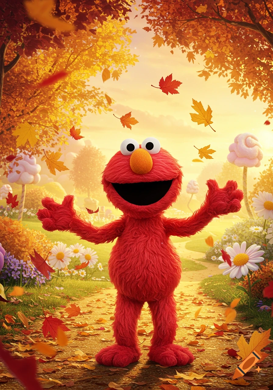 Elmo jumps happily in an autumn forest, surrounded by red and yellow ...