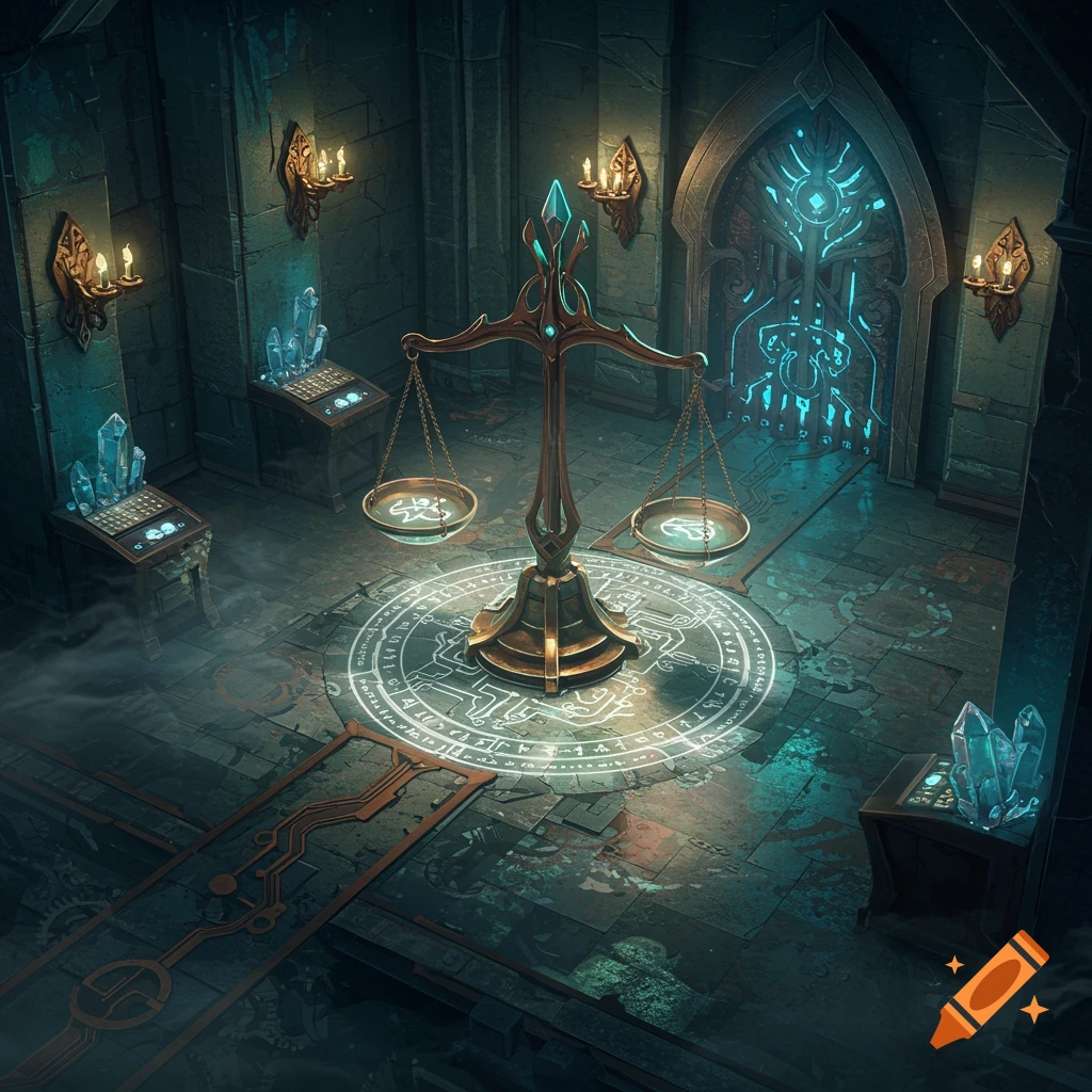 A grand fantasy alchemy laboratory hall with glowing beakers ...
