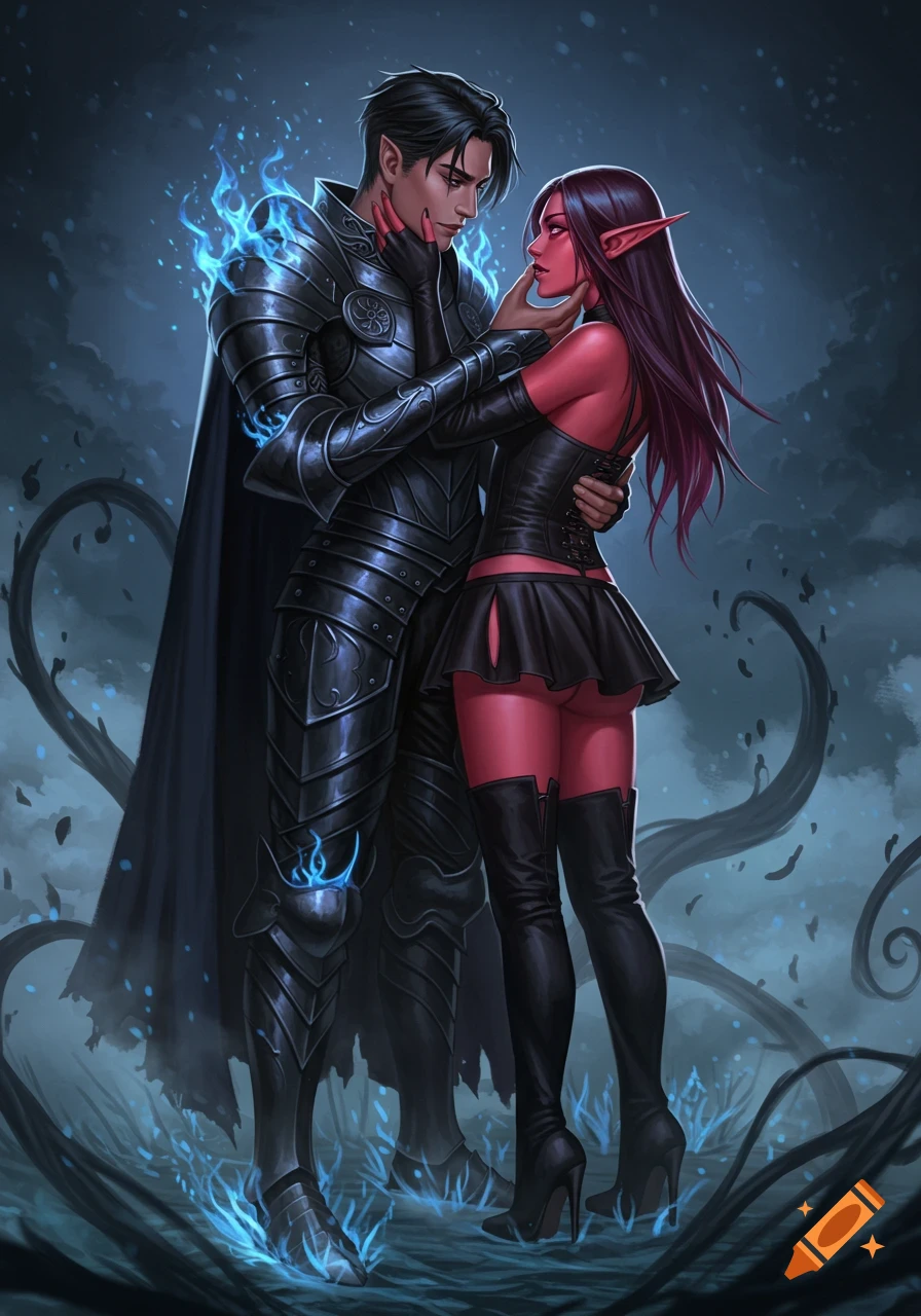 A dark knight in black armor with blue flames embraces a red-skinned ...