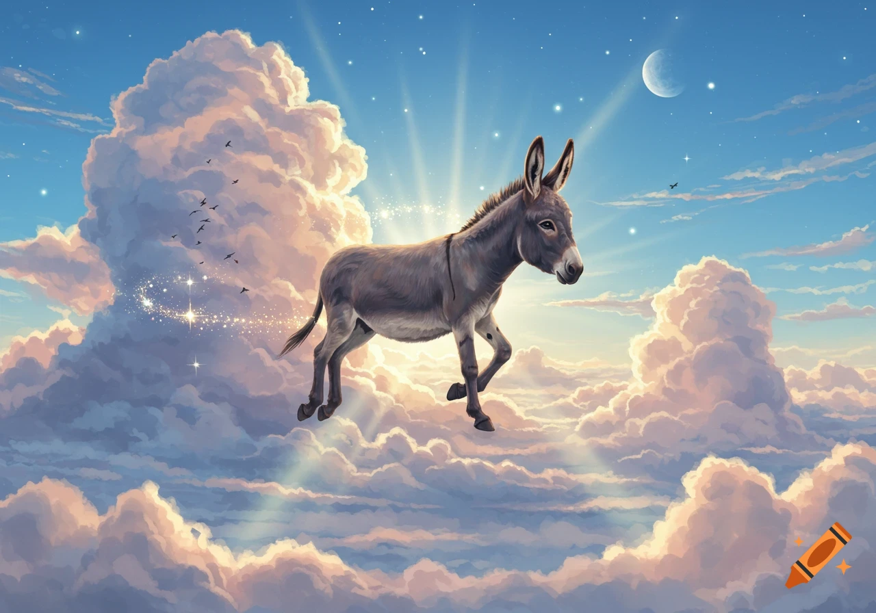 A festive donkey with rainbow hair and a Santa hat, wearing a leather ...