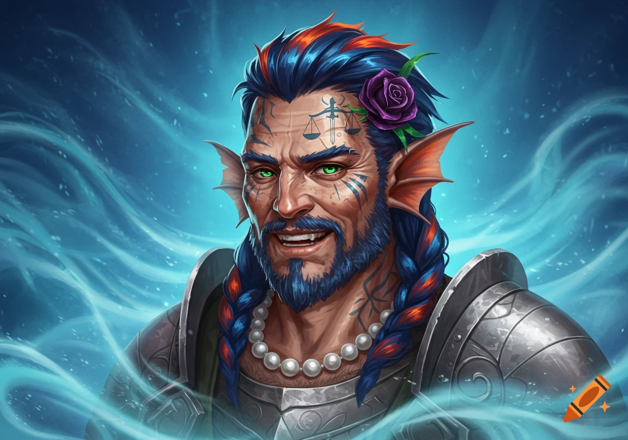 A vibrant digital painting of a smiling merman warrior with blue and ...