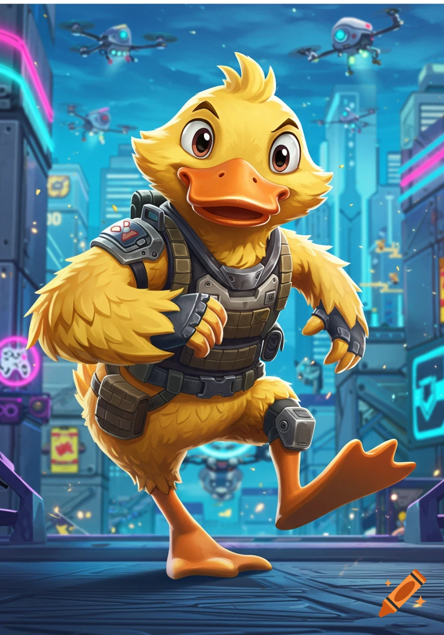 A cartoon yellow duck character wearing tactical gear walks through a ...