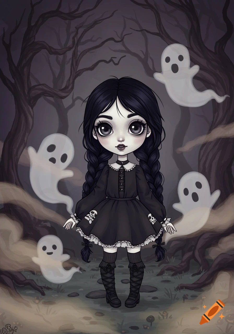 A cute, dark-haired chibi girl with big eyes, pink bows, and a black ...