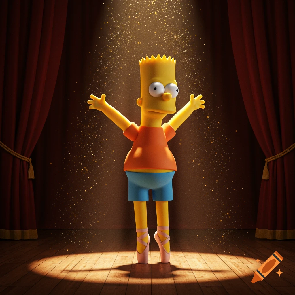 A 3D rendering of Homer Simpson standing in a kitchen, covered in red ...