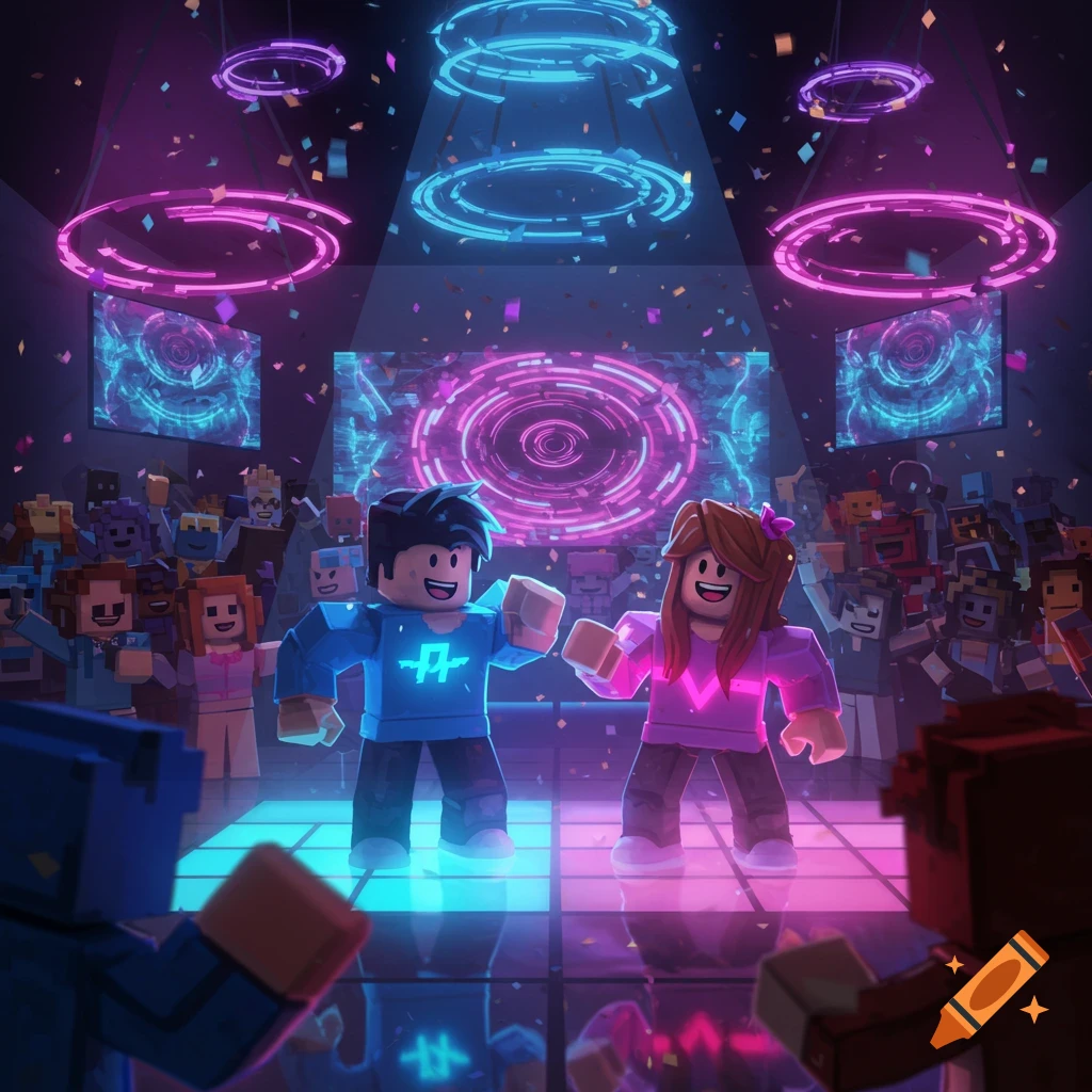 A vibrant voxel art city at night with blocky characters, shops, and ...