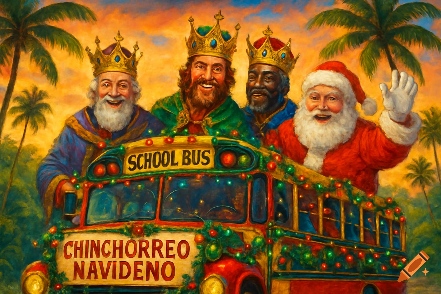 A vibrant, painterly image showing Santa Claus and the three Wise Men ...