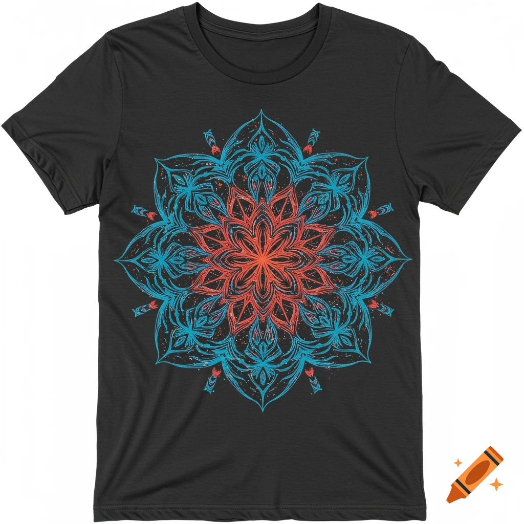 A black t-shirt featuring a detailed mandala-style design in vibrant ...
