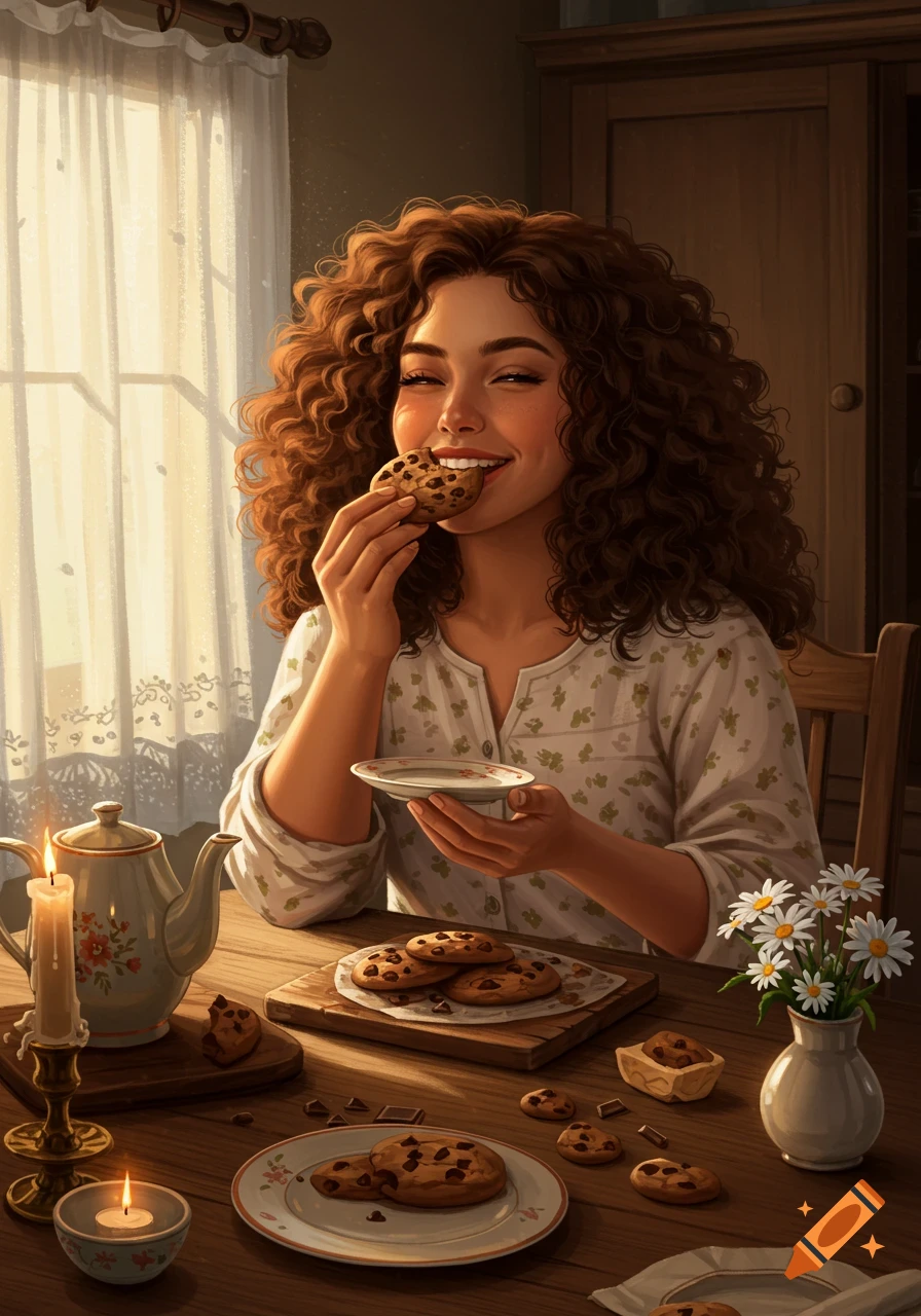 Pencil drawing of a smiling woman with curly hair, arms crossed, in a ...