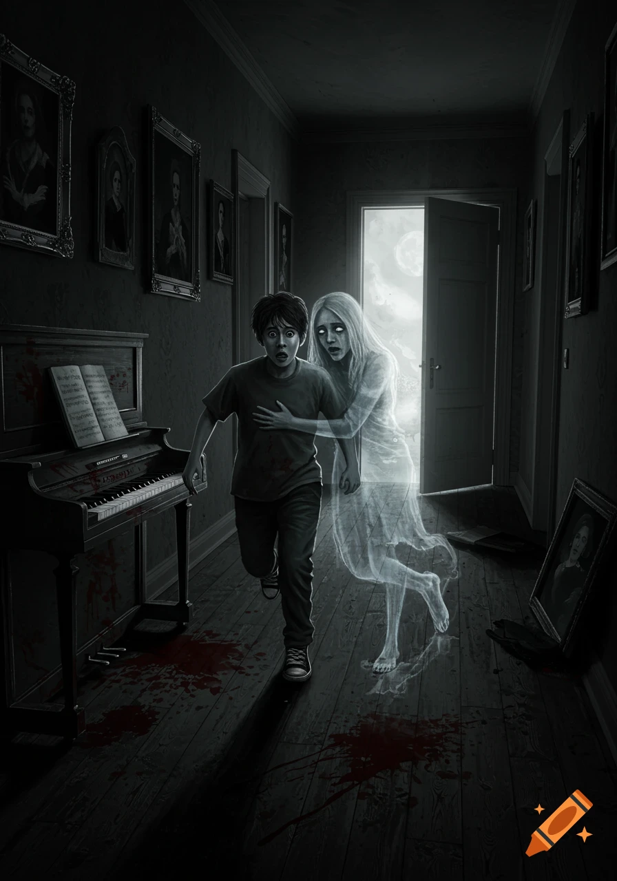 A young boy holds a flashlight, casting light down a dark, decaying ...