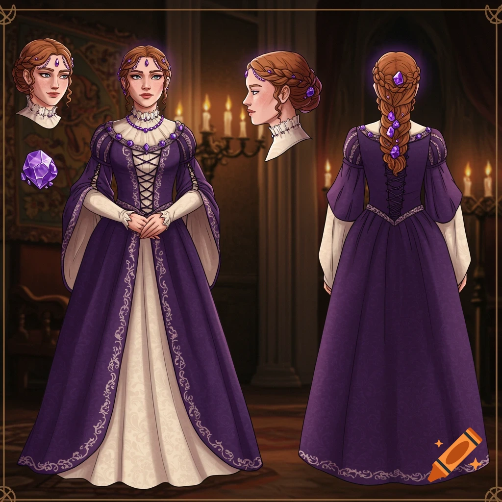 Illustration of a duchess character design sheet in a purple gown ...