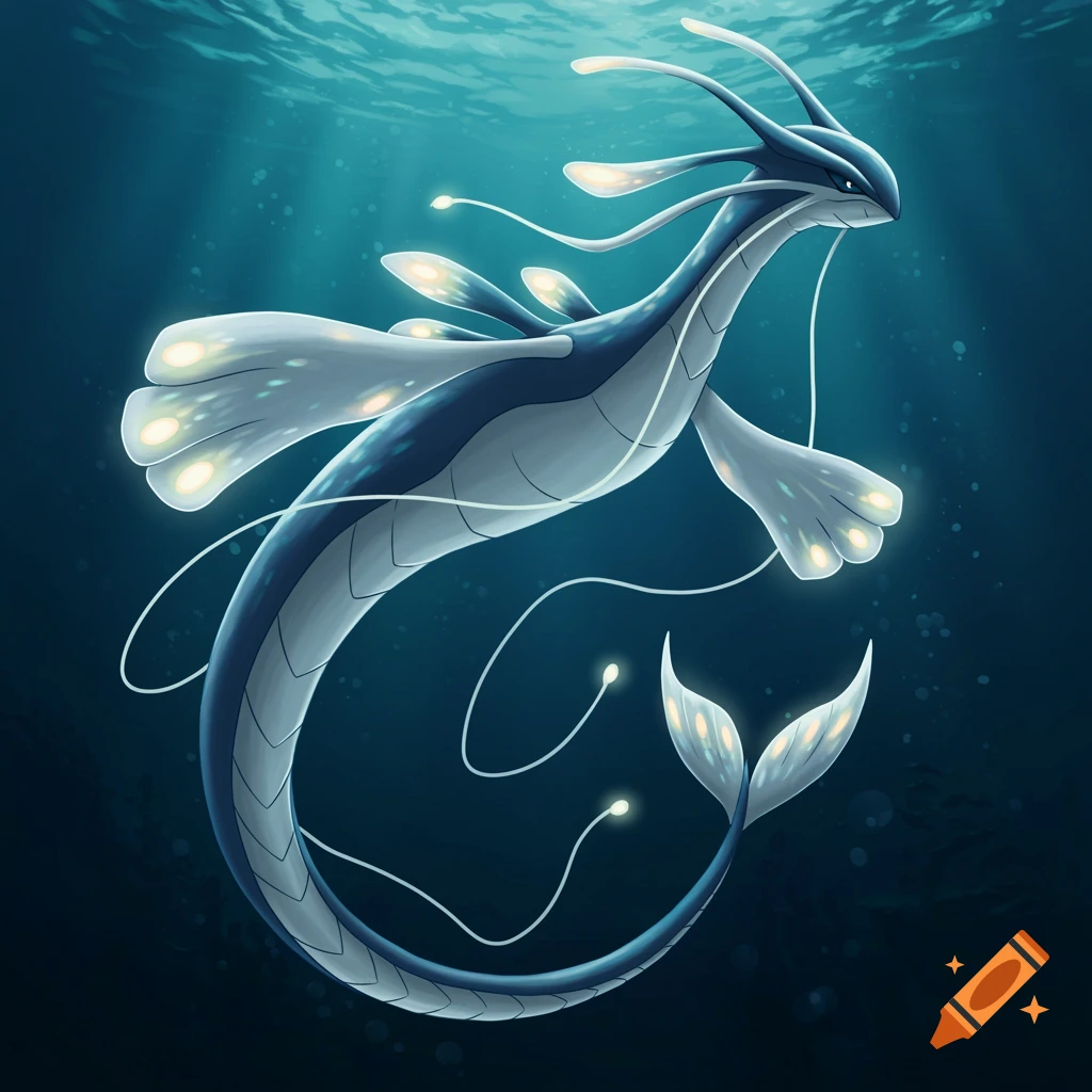 A blue serpent-like creature with glowing fins, a head like a manta ray ...