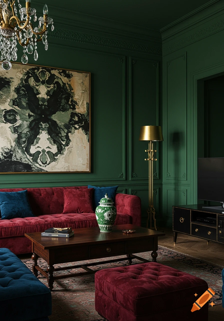 Photorealistic image of a luxurious living room with emerald green walls, a ruby red velvet sofa ...