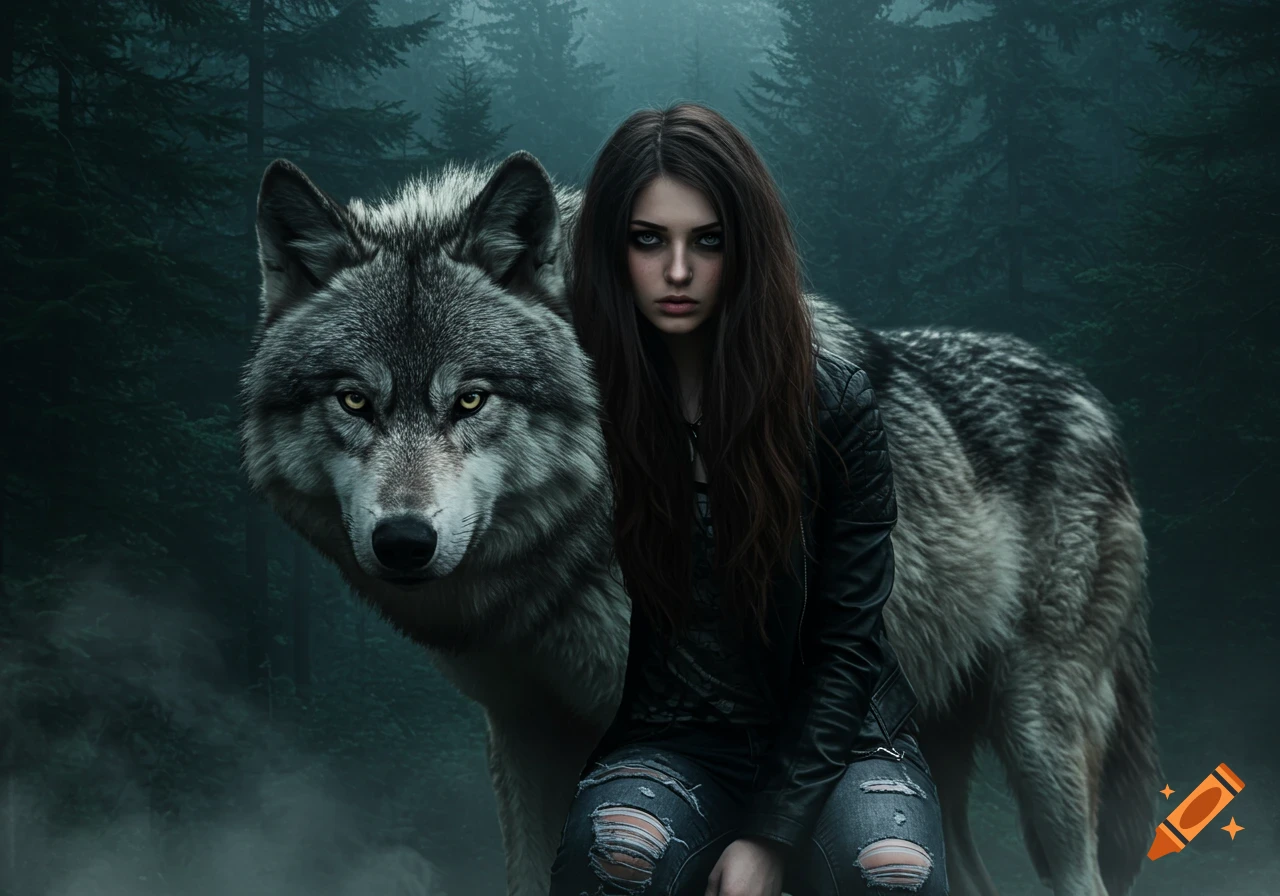 A photorealistic image of a girl with dark hair and a large wolf in a dark, misty forest. on Craiyon