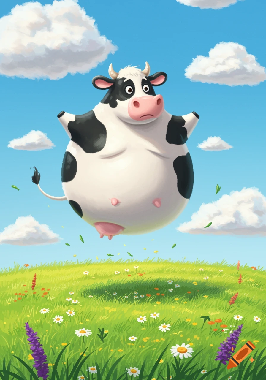 A muscular human torso with a Holstein cow's head stands in a grassy ...