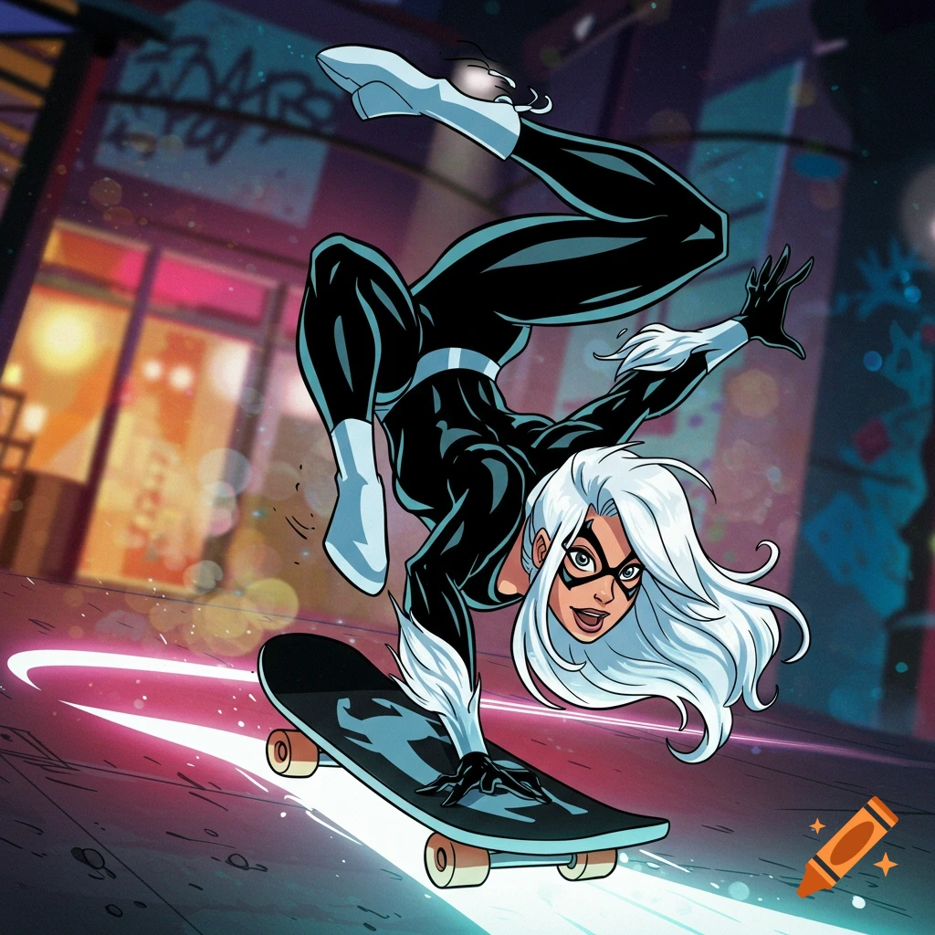 Cartoon of Black Cat from Spider-Man doing a handstand on a skateboard ...
